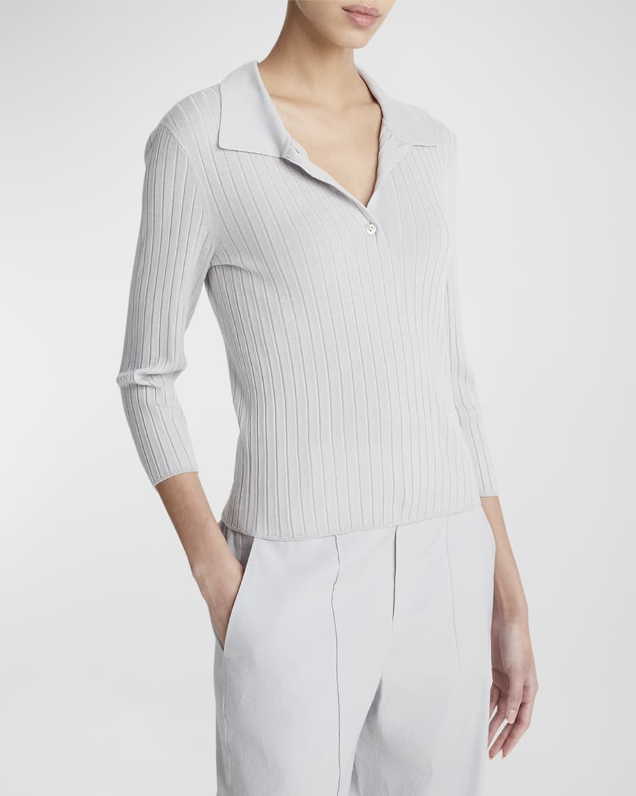 Vince Ribbed 3/4-Sleeve Polo Shirt | Neiman Marcus