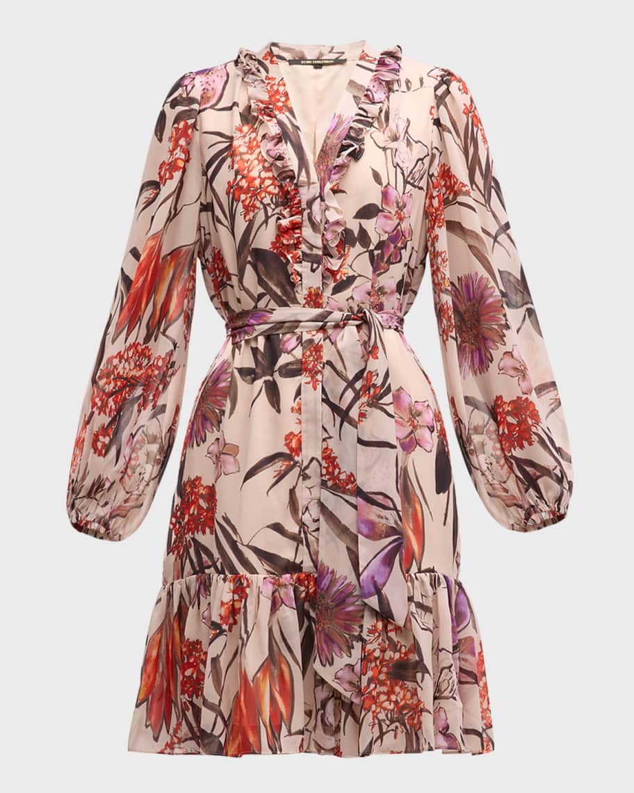 Kobi Halperin Samara Floral-Print Ruffle Satin Midi Dress | Neiman Marcus