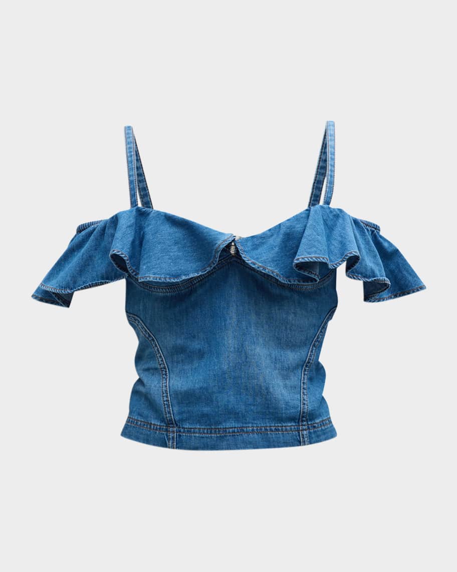 Moschino Jeans Ruffle Chambray Off-The-Shoulder Top | Neiman Marcus