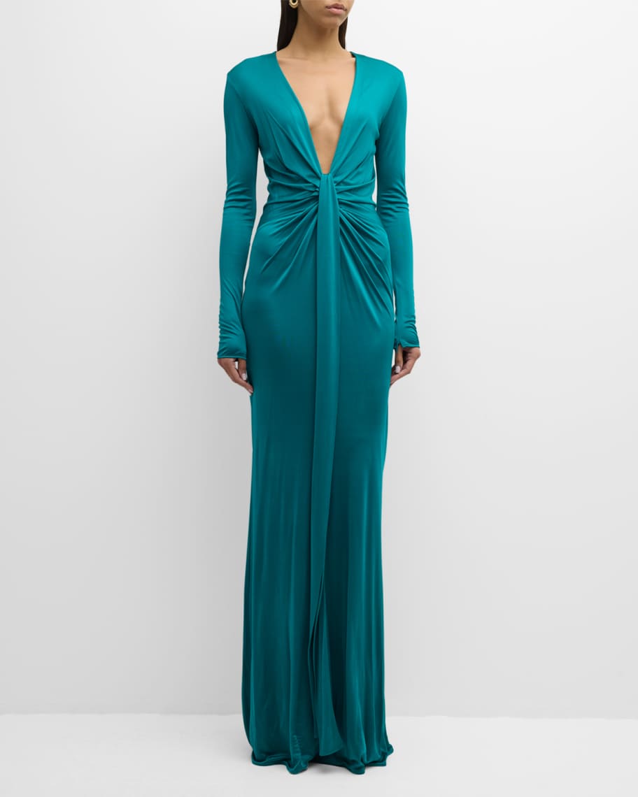 Roberto Cavalli Plunging Draped Long-Sleeve Gown | Neiman Marcus