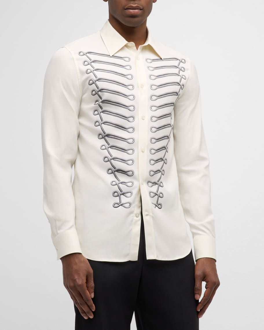 McQueen Men's Military Braiding-Print Silk Sport Shirt | Neiman Marcus