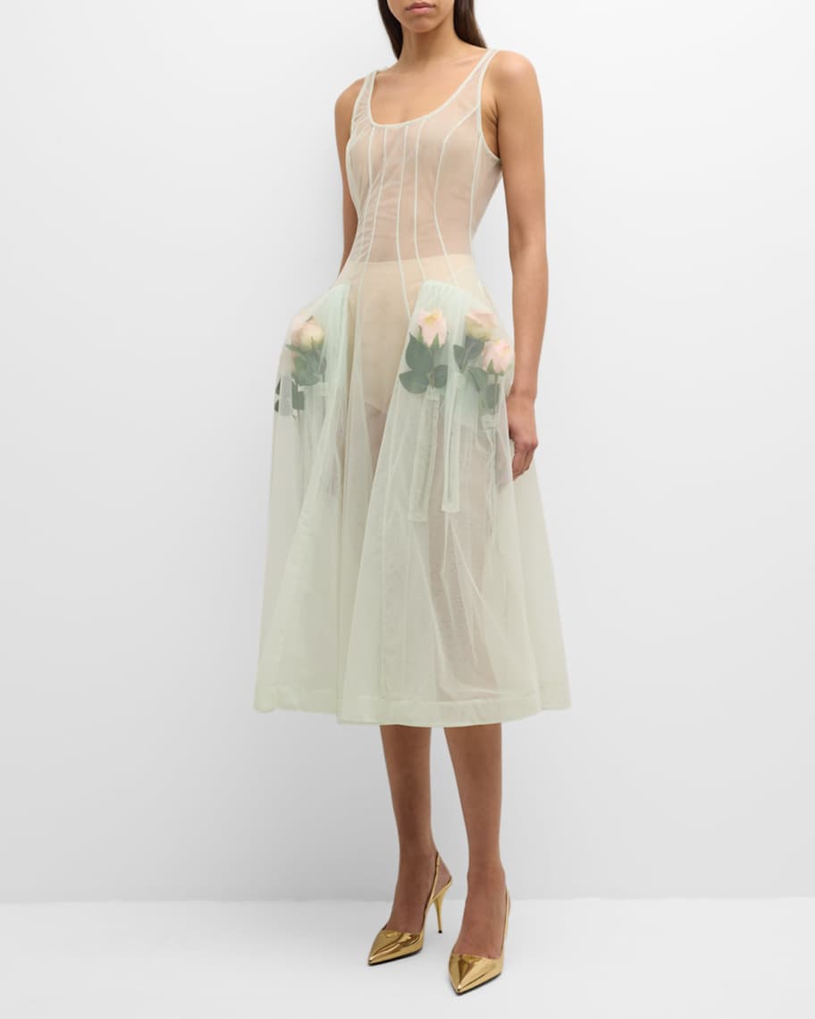 Simone Rocha Sheer Sculpted Dress with Rose Details | Neiman Marcus
