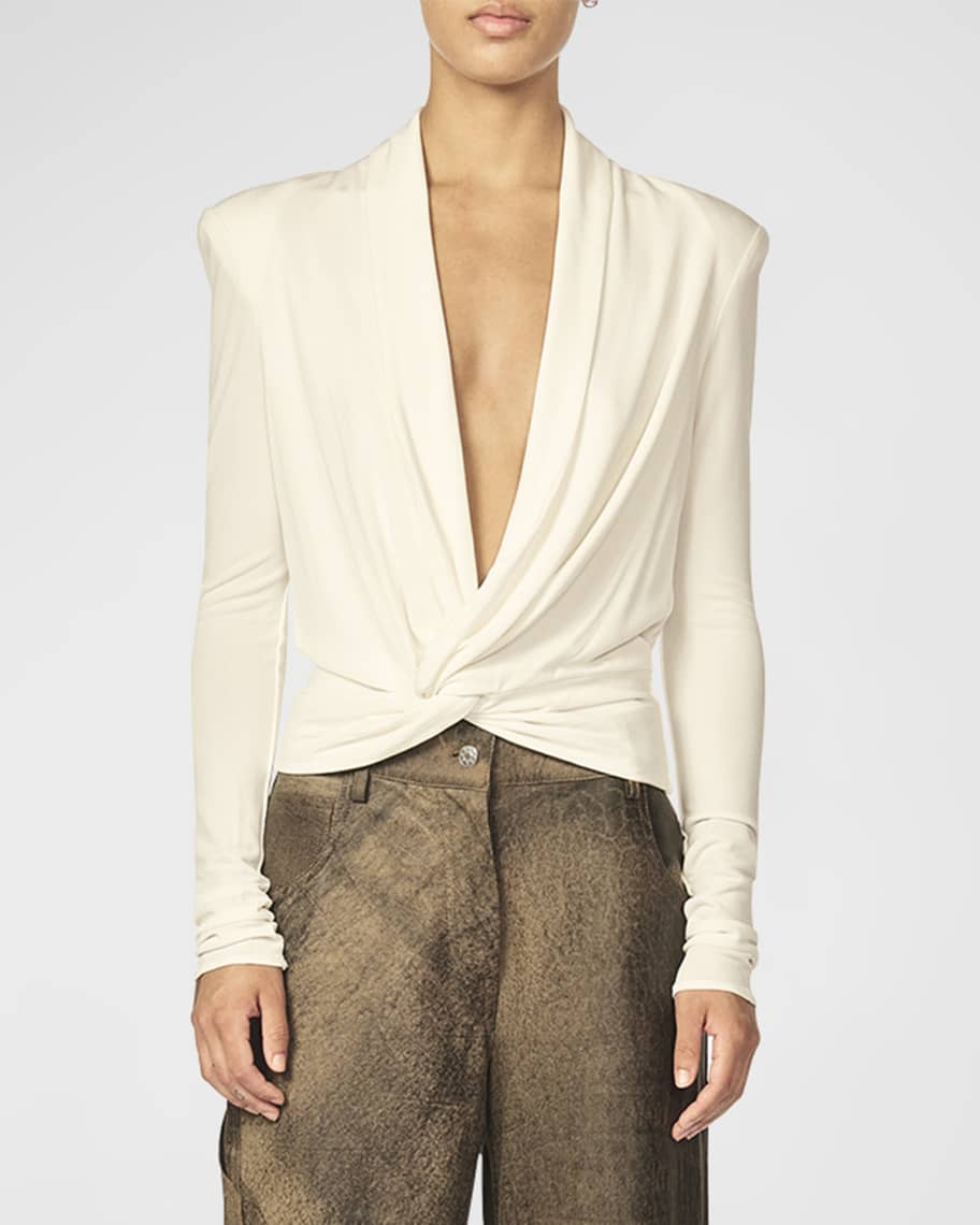 INTERIOR Aria Plunging Twisted Strong-Shoulder Long-Sleeve Top | Neiman ...