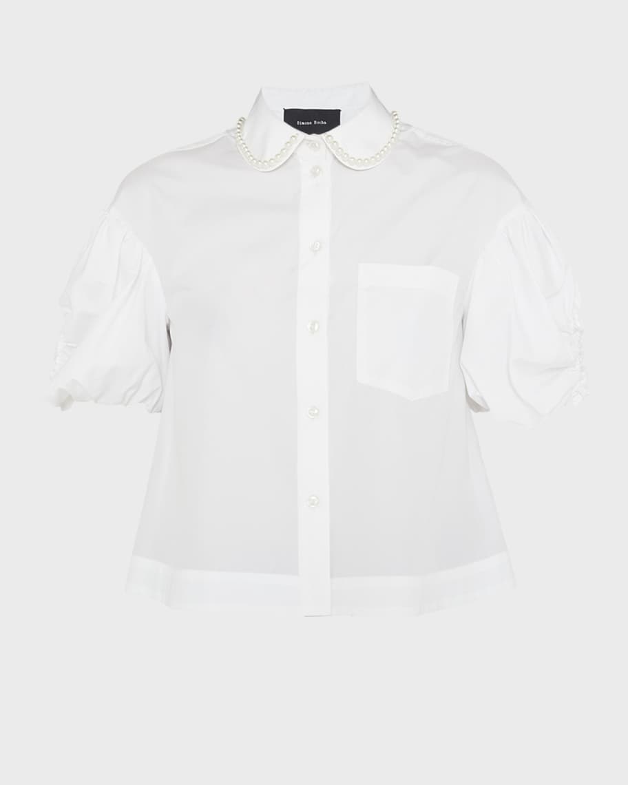 Simone Rocha Beaded-Collar Ruched Puff-Sleeve Crop Shirt | Neiman Marcus