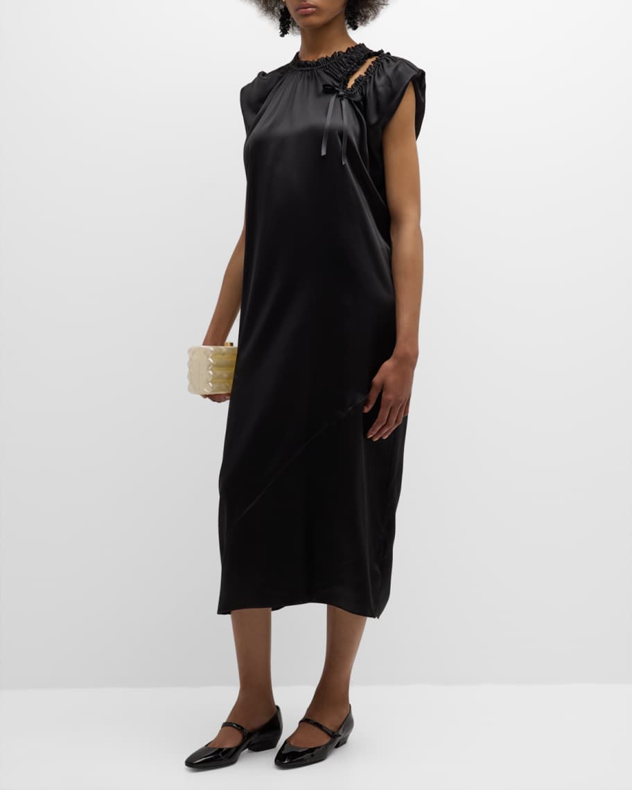 Simone Rocha Gathered Shoulder-Cutout Satin Midi Sack Dress | Neiman Marcus