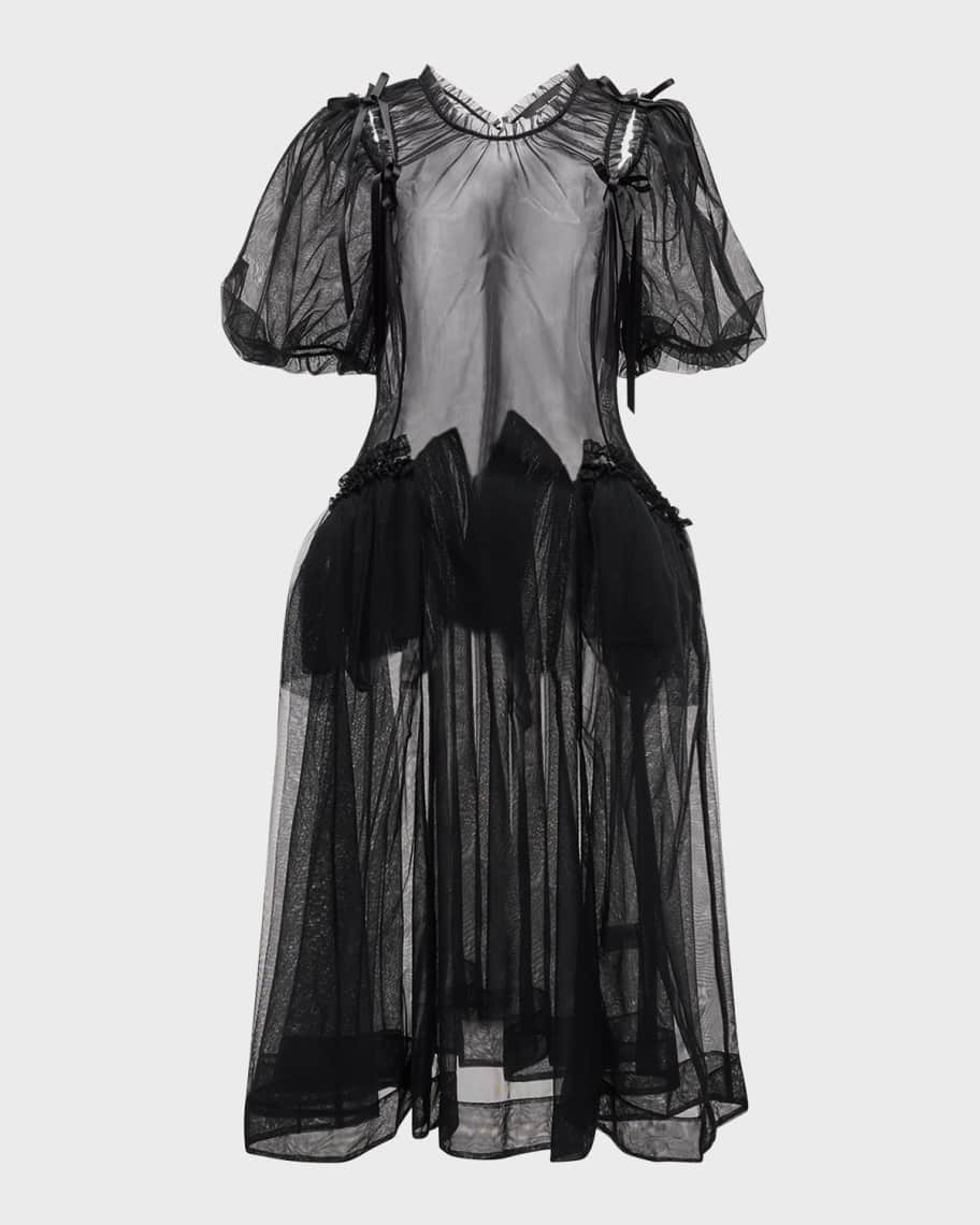 Simone Rocha Puff-Sleeve Bow Ruched Bite-Cutout Tulle Midi Dress ...