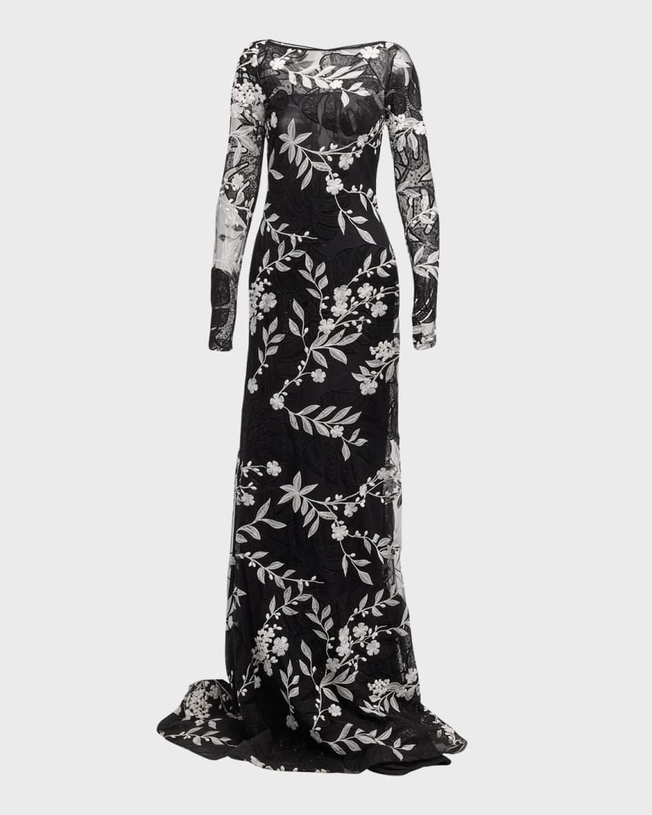 Naeem Khan Floral Embroidered Gown with Sheer Overlay | Neiman Marcus