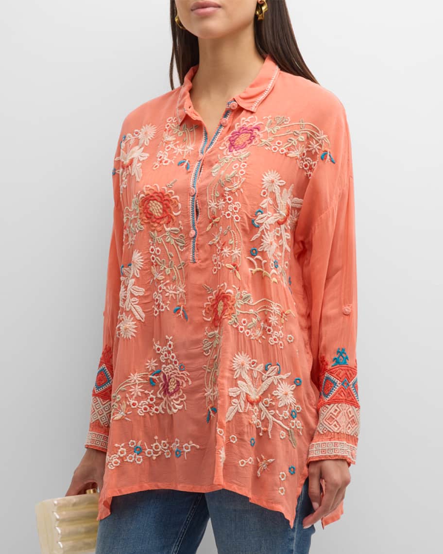 Johnny Was Adrina Floral-Embroidered Georgette Tunic | Neiman Marcus