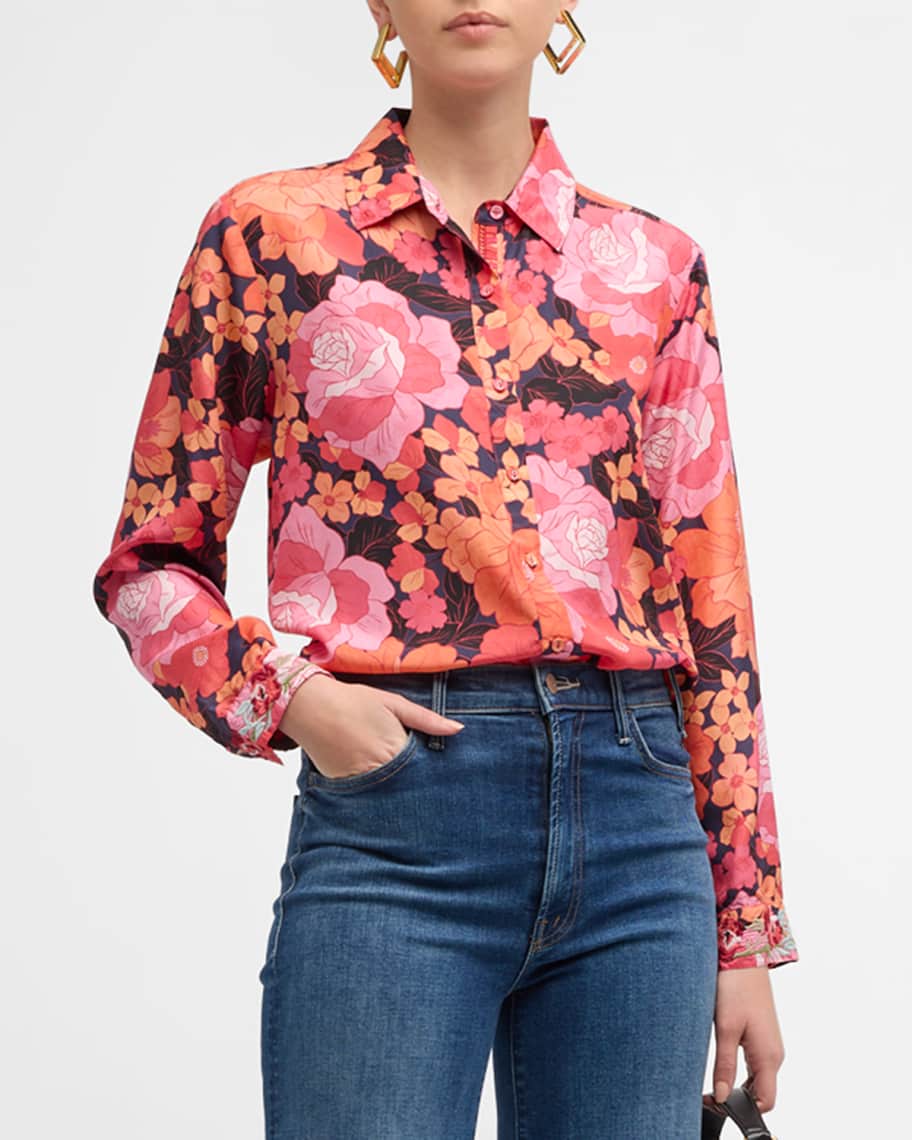 Johnny Was Becca Floral-Print Button-Down Silk Shirt | Neiman Marcus