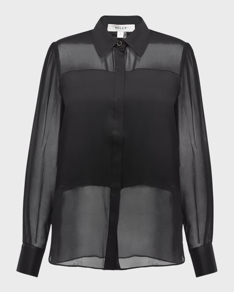Milly Andy Sheer-Panel Button-Down Satin Blouse | Neiman Marcus