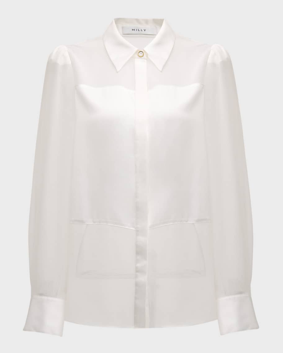 Milly Andy Sheer-Panel Button-Down Satin Blouse | Neiman Marcus