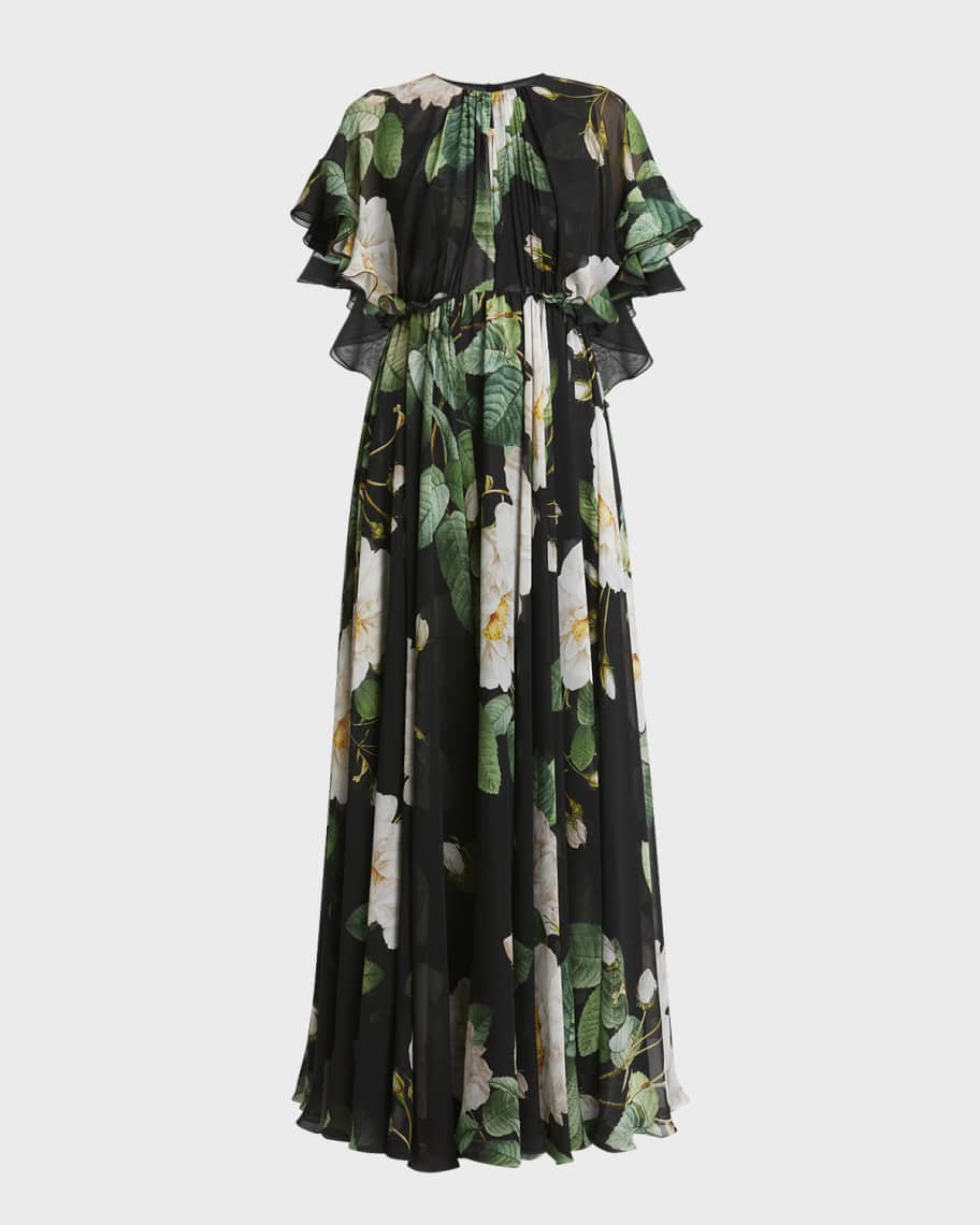 Giambattista Valli Floral-Print Gathered Chiffon Ruffle-Cape Maxi Dress ...