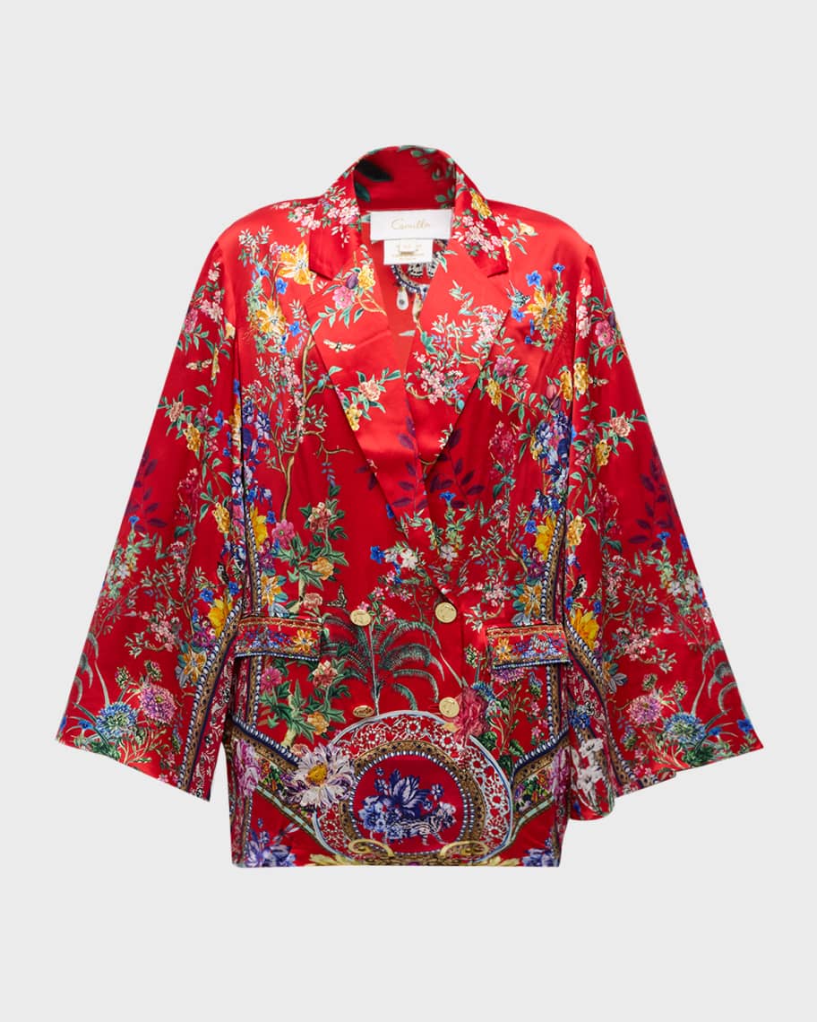 Camilla Flared-Sleeve Double-Breasted Floral Silk Jacket | Neiman Marcus