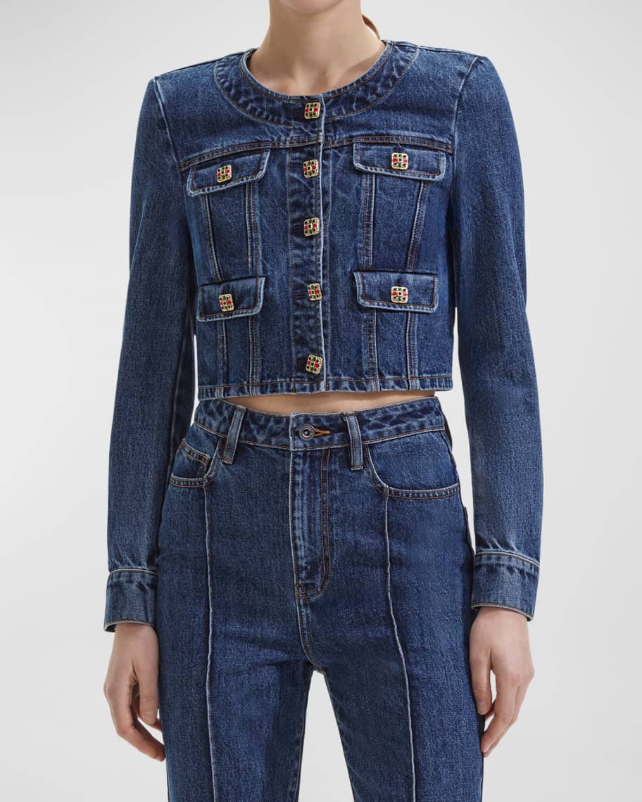 Self-Portrait Button-Front Cropped Denim Jacket | Neiman Marcus