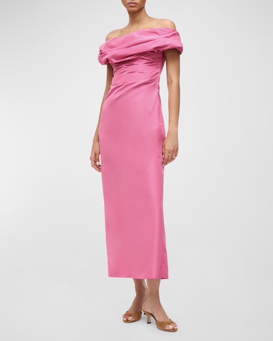 STAUD Andrea Ruched Off-Shoulder Midi Sheath Dress | Neiman Marcus