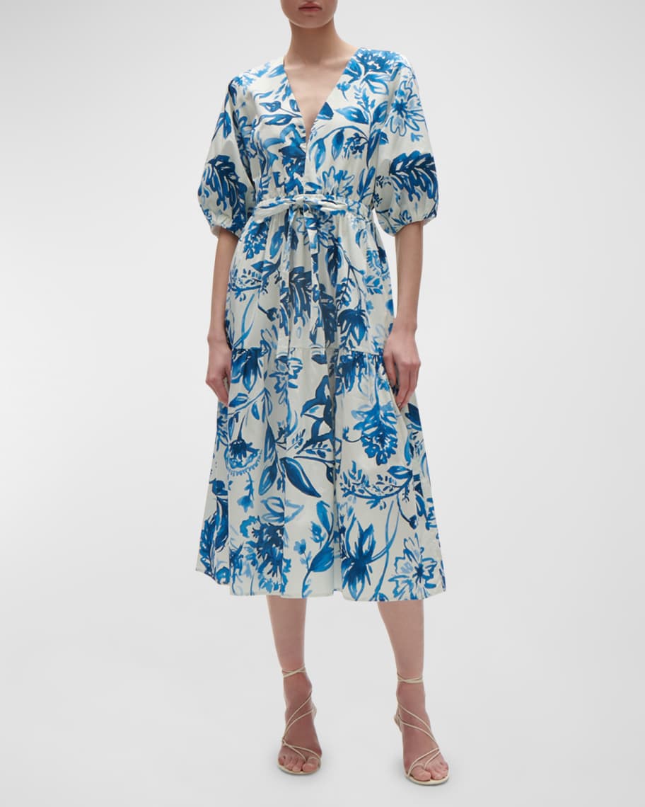 Figue Joyce Floral-Print Puff-Sleeve Midi Dress | Neiman Marcus