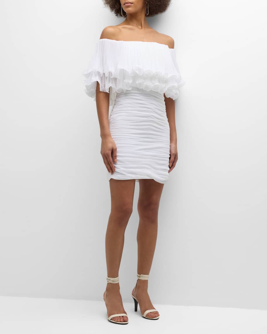 Ungaro Milan Ruched Off-Shoulder Ruffle Mini Dress | Neiman Marcus