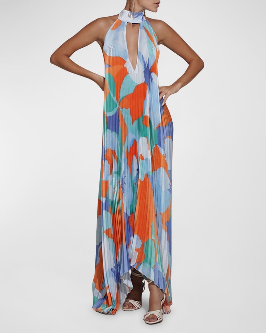 L'IDEE Opera Pleated Asymmetric Backless Halter Gown | Neiman Marcus