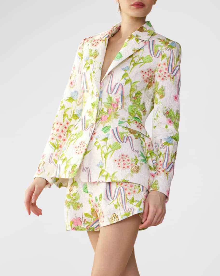 Cynthia Rowley Pleated Floral-Print Jacquard Shorts | Neiman Marcus