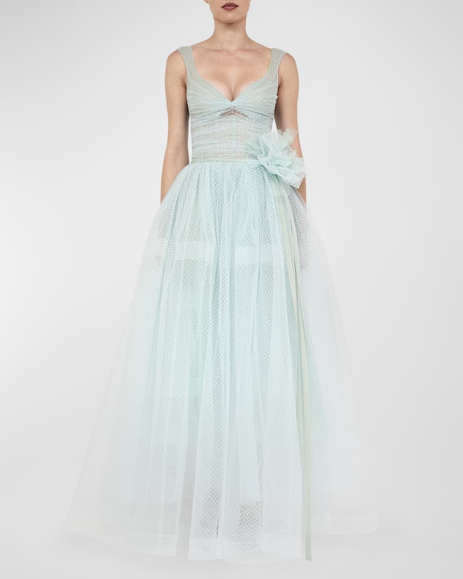 Atelier Prabal Gurung Bridget Flower Sleeveless Ruched Swiss Dot Tulle ...