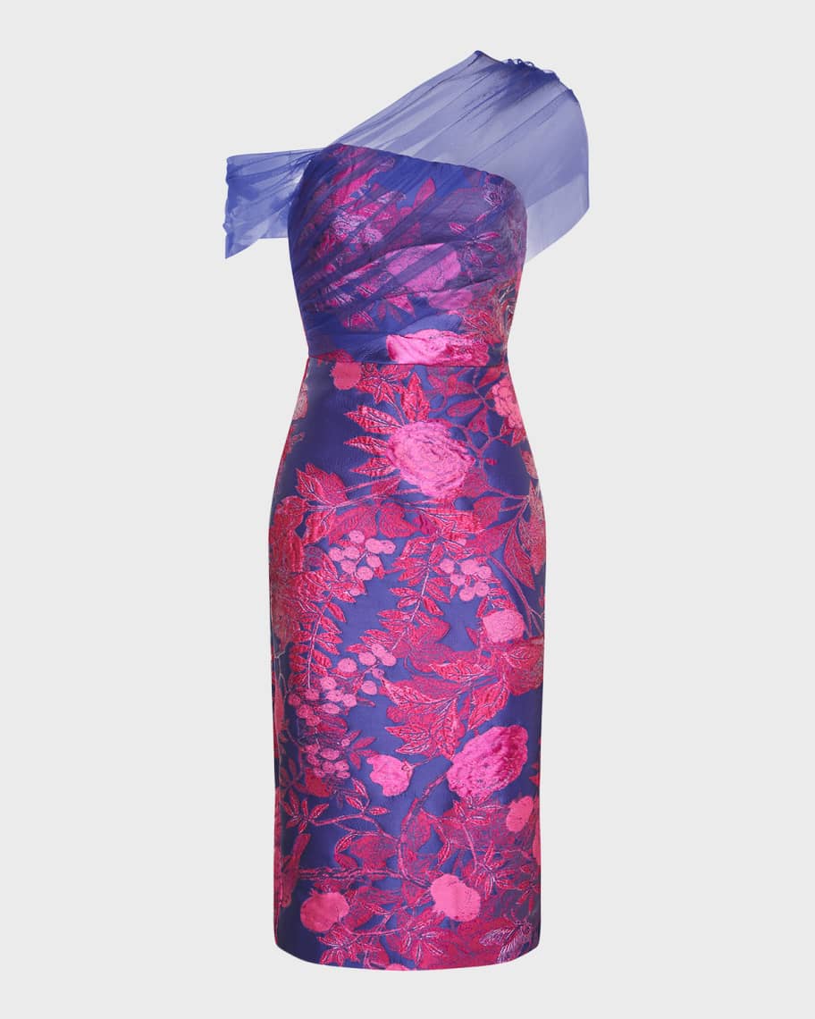 Theia Ruth Floral Jacquard One-Shoulder Midi Dress | Neiman Marcus