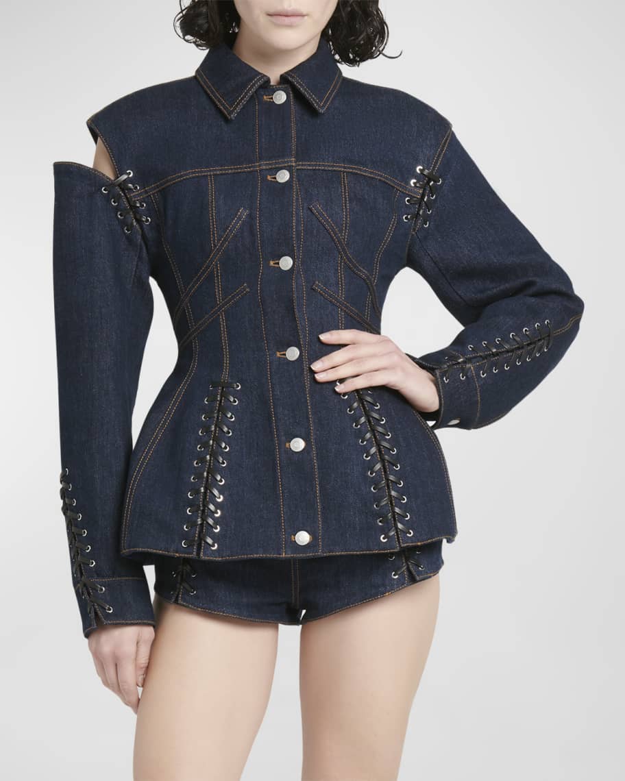 McQueen Corset Lacing Bustier Peplum Denim Jacket | Neiman Marcus