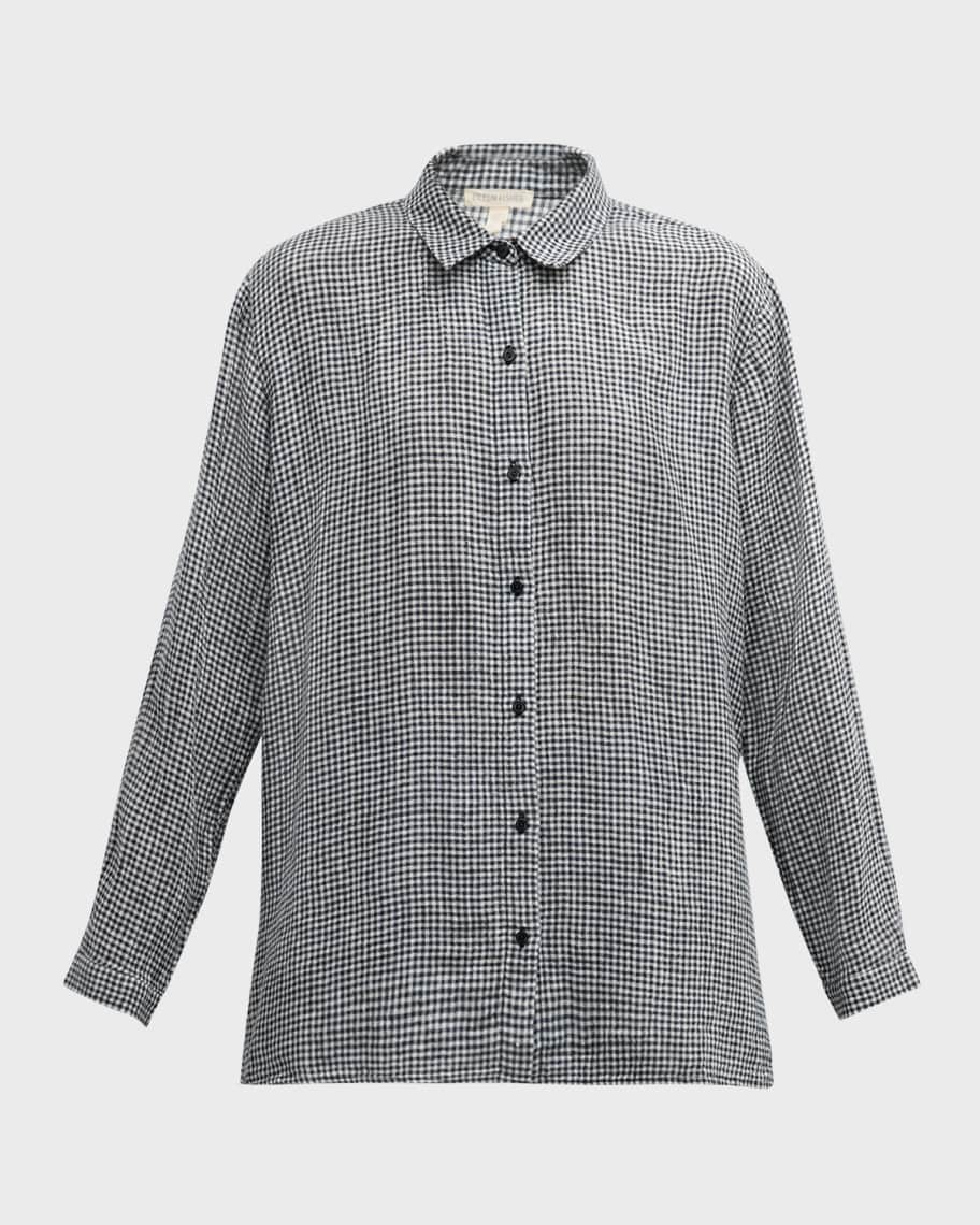 Eileen Fisher Petite Gingham Button-Down Organic Linen Shirt | Neiman Marcus