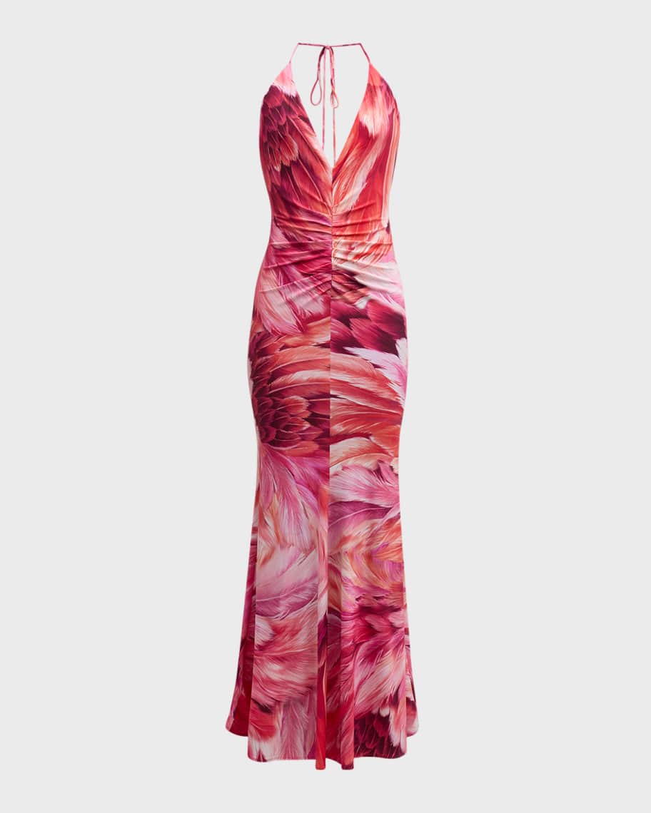 Roberto Cavalli Feather-Print Ruched Plunging Halter Gown | Neiman Marcus