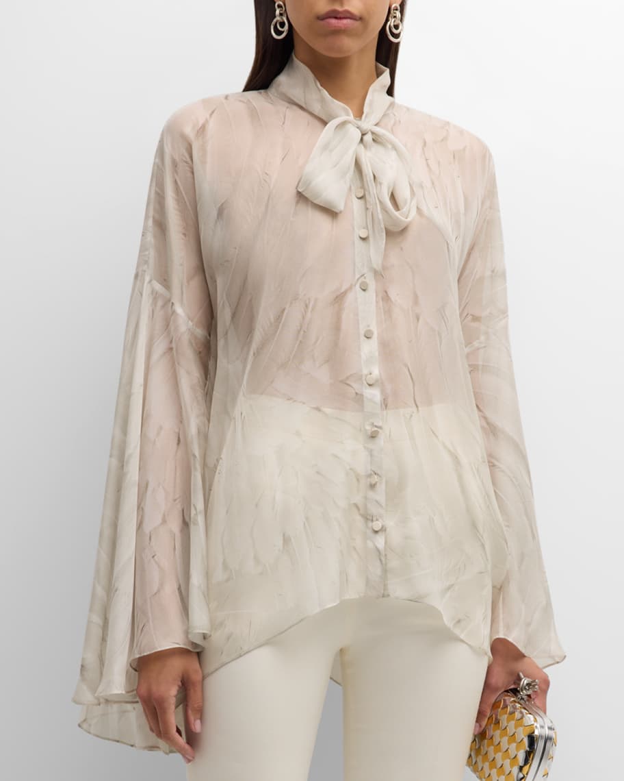 Roberto Cavalli Feather-Print Flare-Sleeve Neck-Tie Chiffon Shirt ...