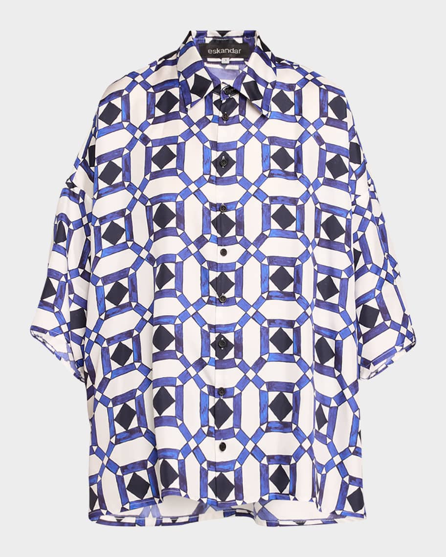 Eskandar Sloped Shoulder Wide A-Line Printed Shirt | Neiman Marcus