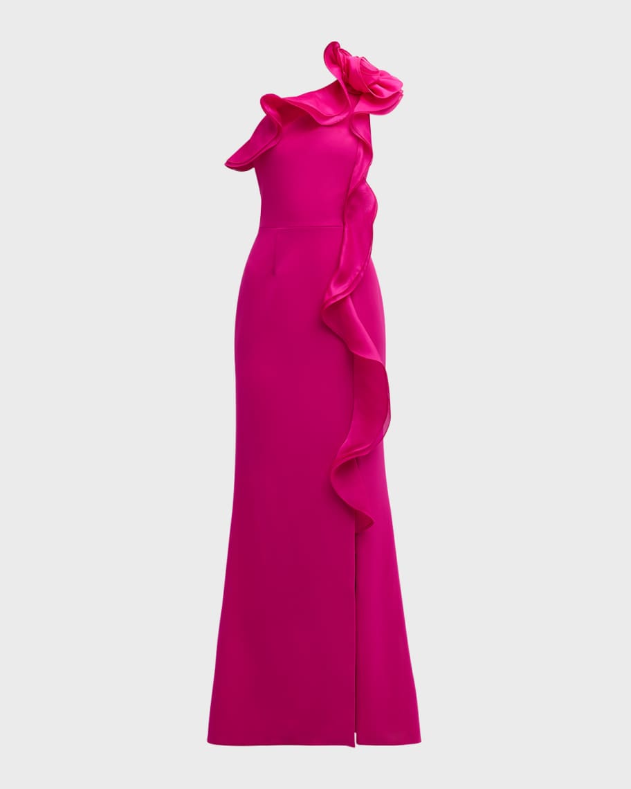 Rickie Freeman for Teri Jon One-Shoulder Ruffle Crepe Gown | Neiman Marcus