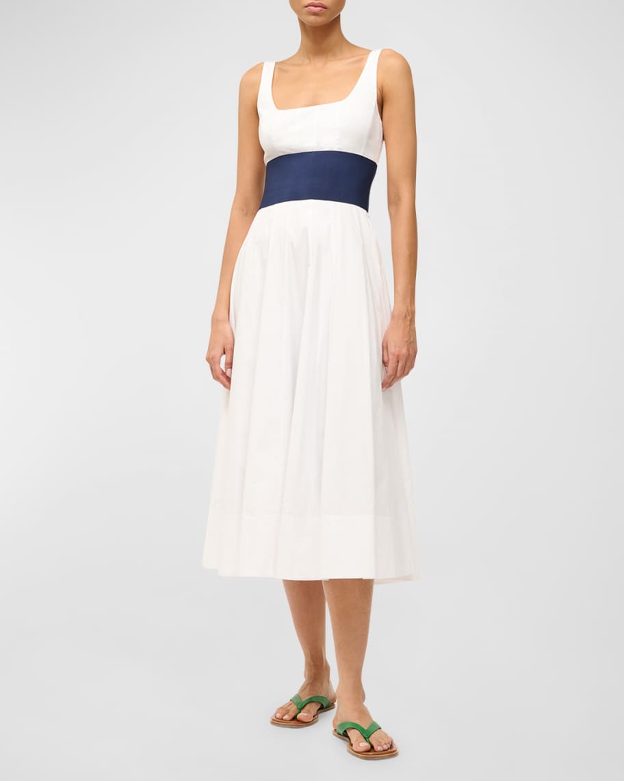 STAUD Rig Cinched Cotton Poplin Sleeveless Midi Dress | Neiman Marcus