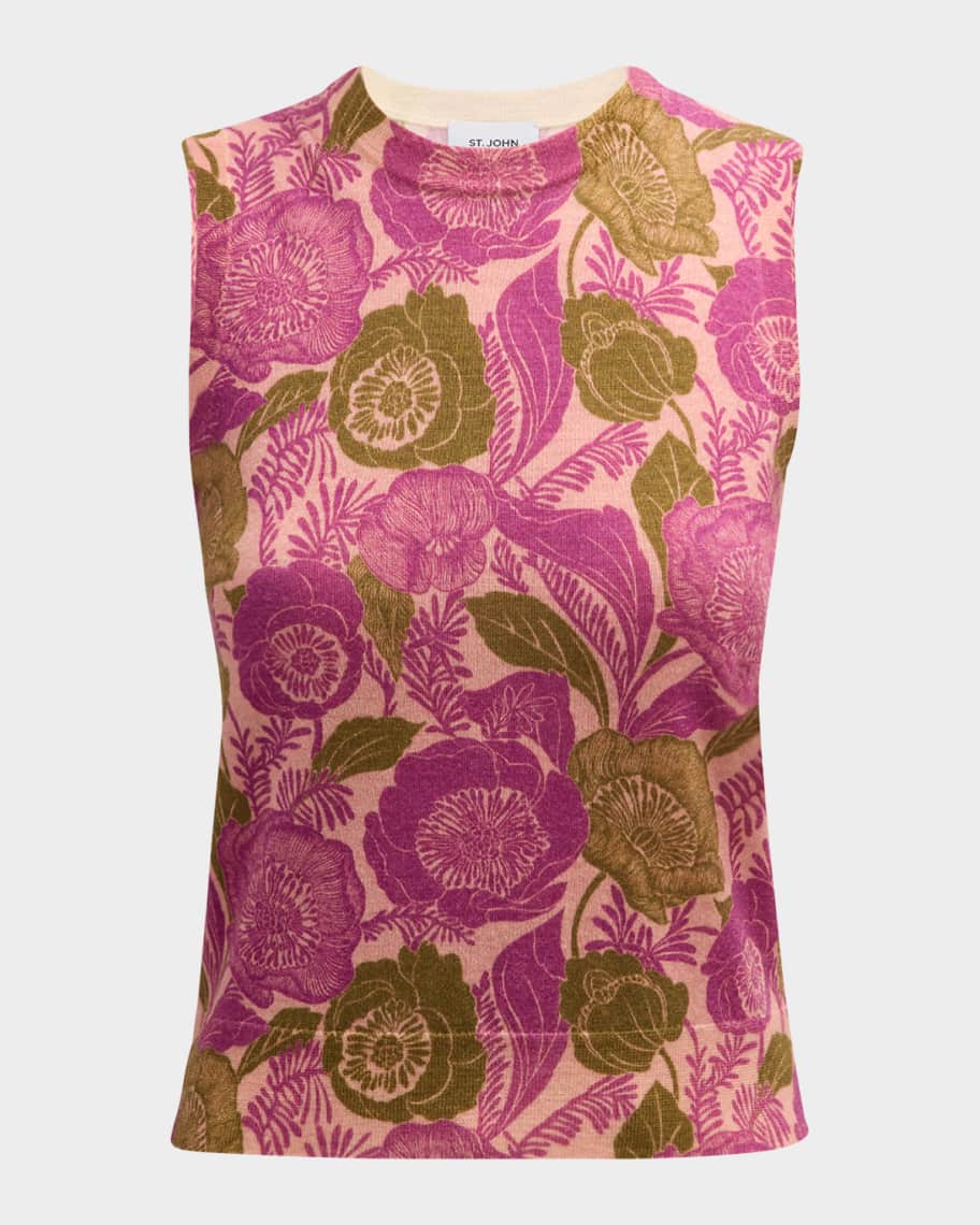 St. John California Poppies-Print Sleeveless Merino Knit Sweater ...