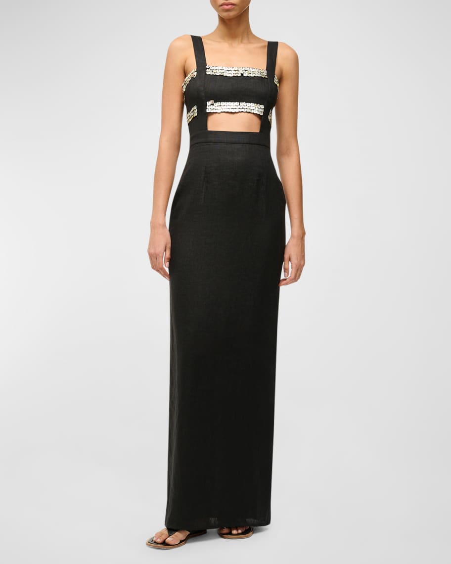 STAUD Mickey Embellished Linen Cutout Column Maxi Dress | Neiman Marcus