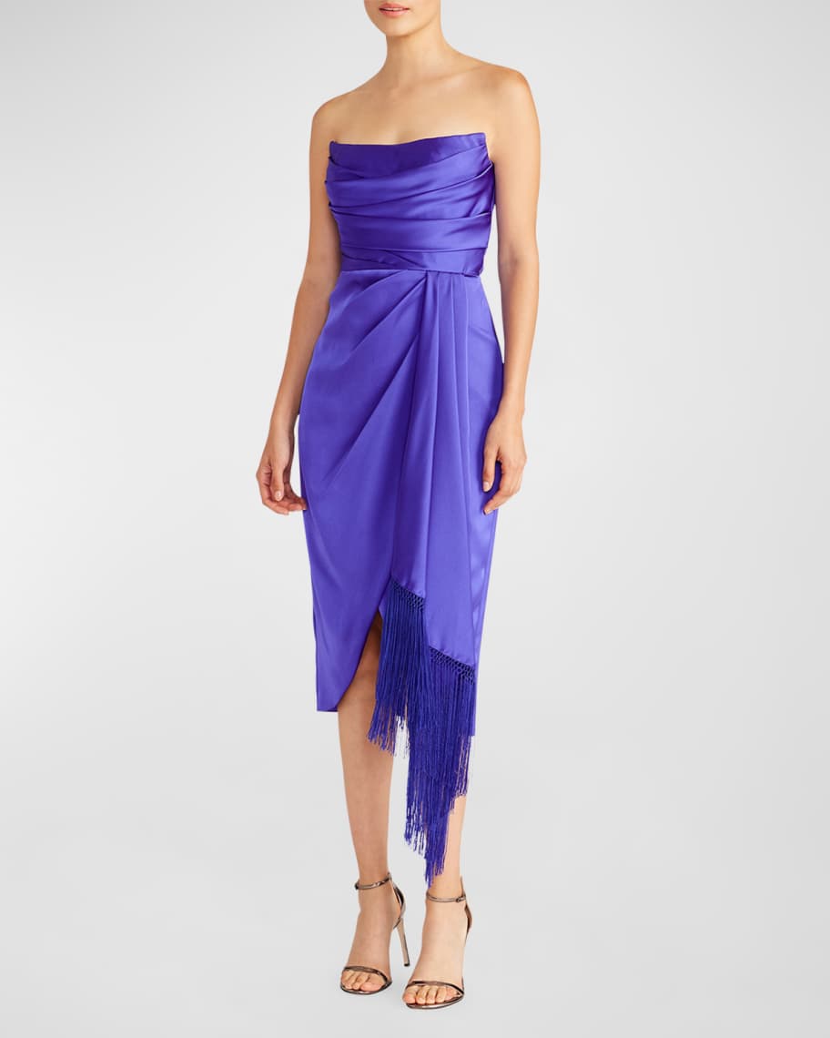 Theia Harriet Strapless Pleated Midi Sheath Dress | Neiman Marcus
