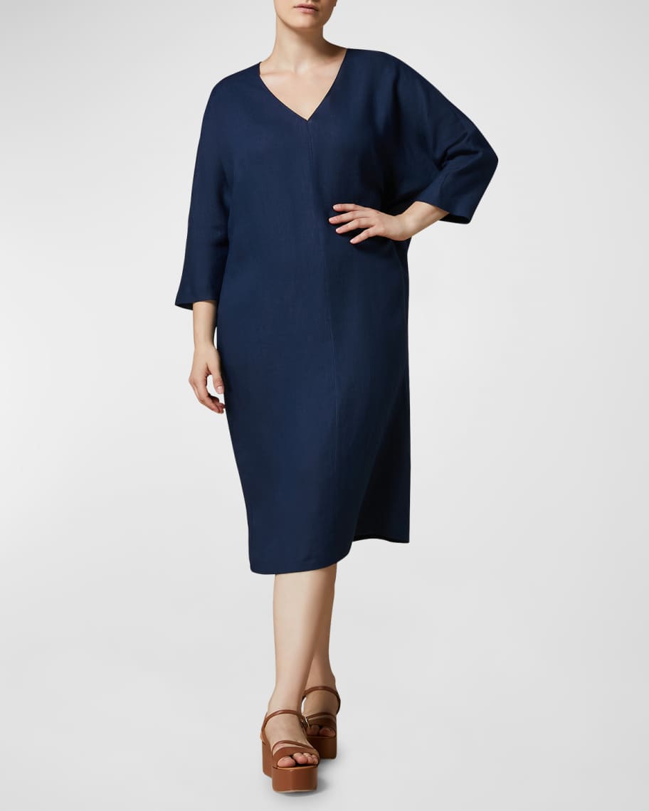 Marina Rinaldi Plus Size Edolo Linen Midi Shift Dress | Neiman Marcus