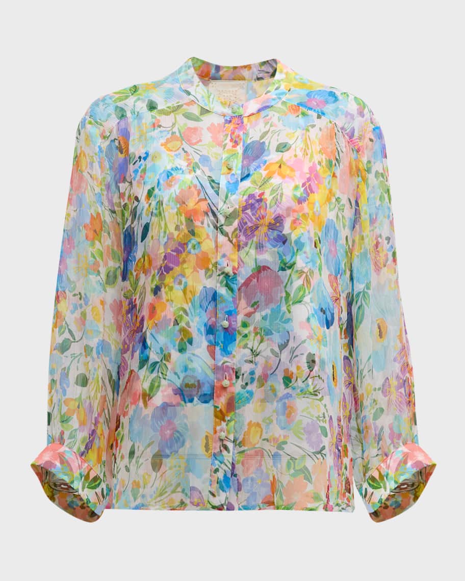 Johnny Was Hunni Floral-Print Silk Chiffon Blouse | Neiman Marcus