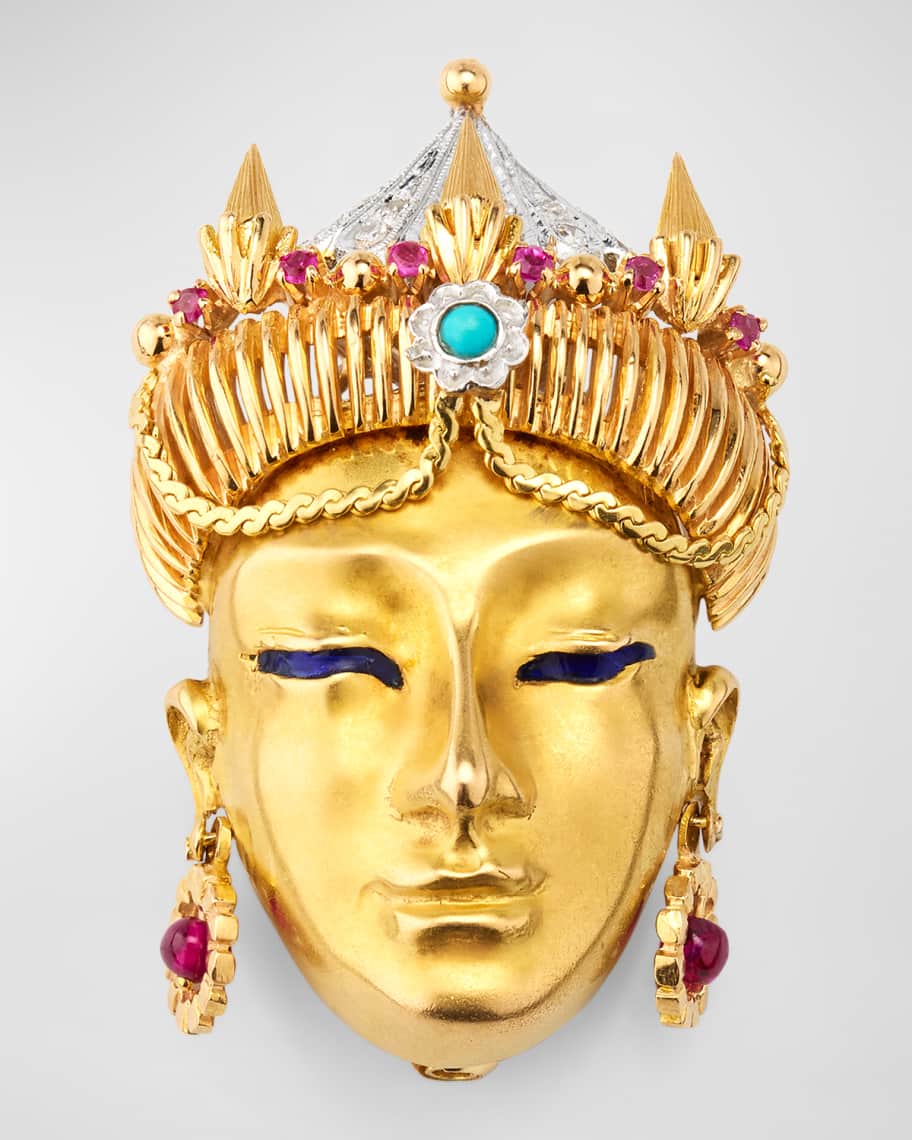 NM Estate Estate 18K Mask Pin with Diamonds, Rubies, Turquoise and ...