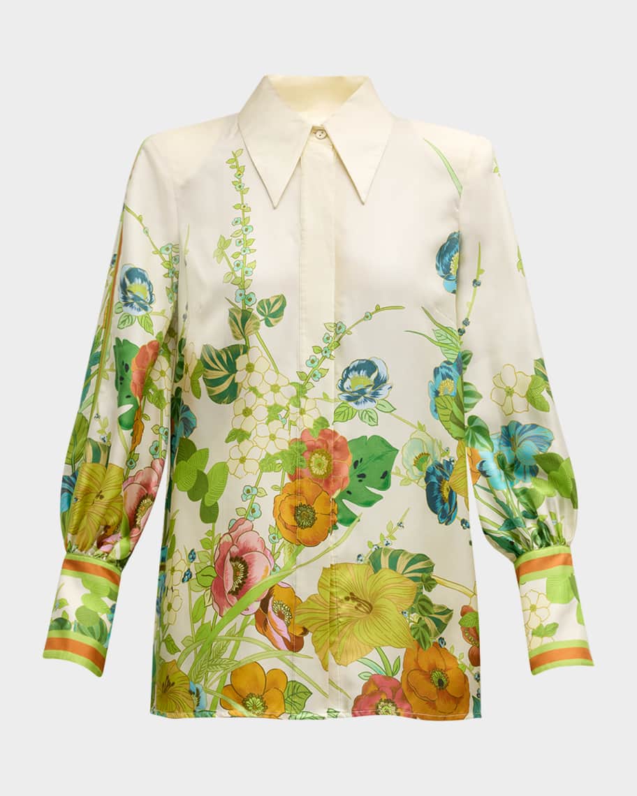 ALEMAIS Constance Back Ribbon-Tie Floral Silk Shirt | Neiman Marcus