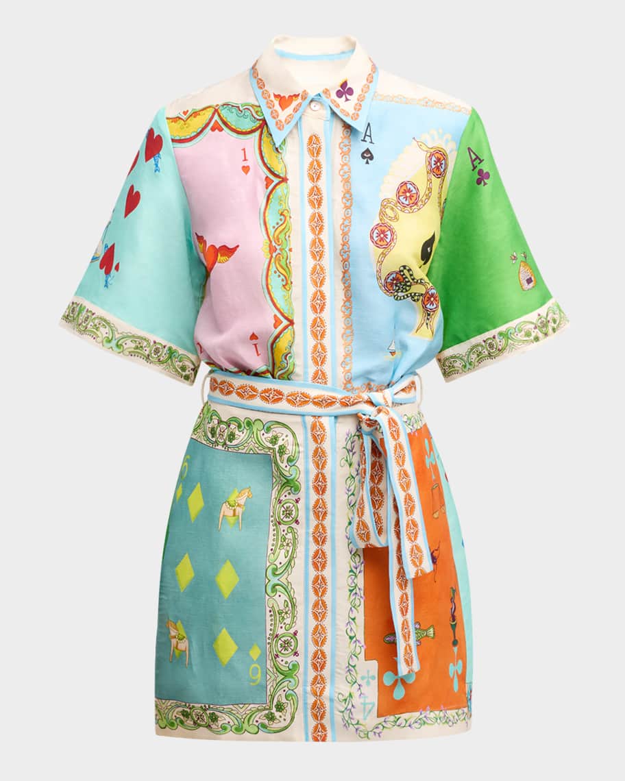 ALEMAIS Rummy Scarf-Print Linen-Blend Mini Dress | Neiman Marcus