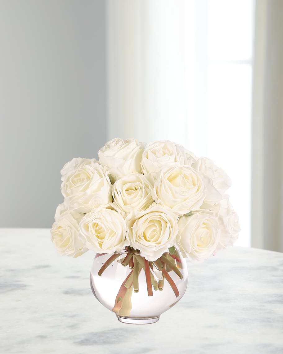 NDI White Roses 8" Faux Floral Arrangement in Glass Vase | Neiman Marcus