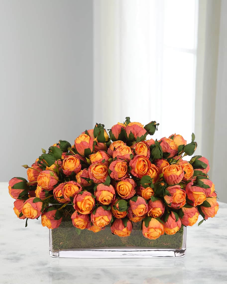 NDI Pink Roses with Moss Garden 14" Faux Floral Arrangement in Glass ...