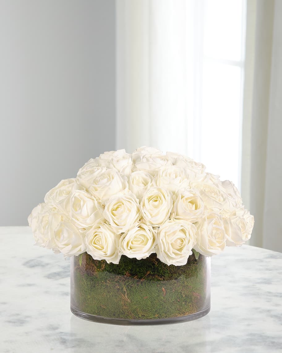 NDI White Roses and Moss 13" Faux Floral Arrangement in Glass Bowl | Neiman Marcus