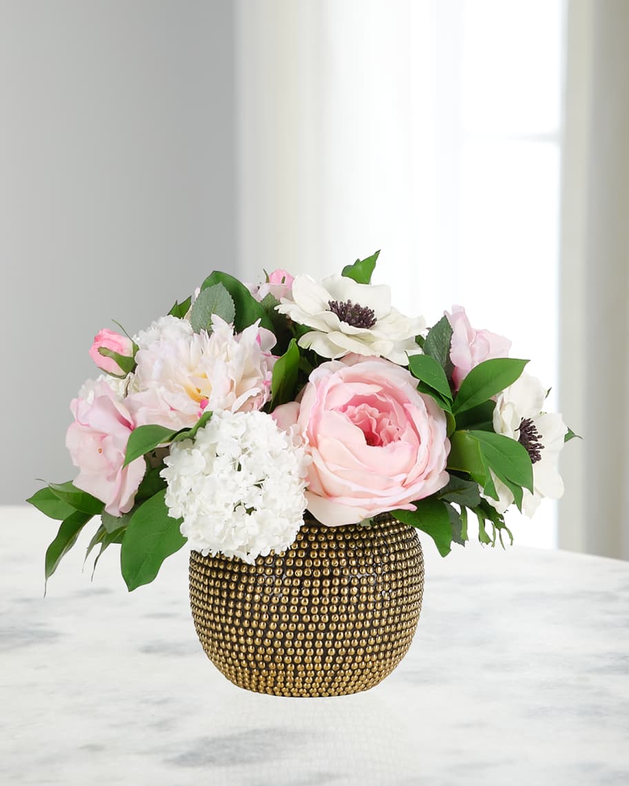 NDI Roses & Anemones 15" Faux Floral Arrangement in Brass Bowl | Neiman ...