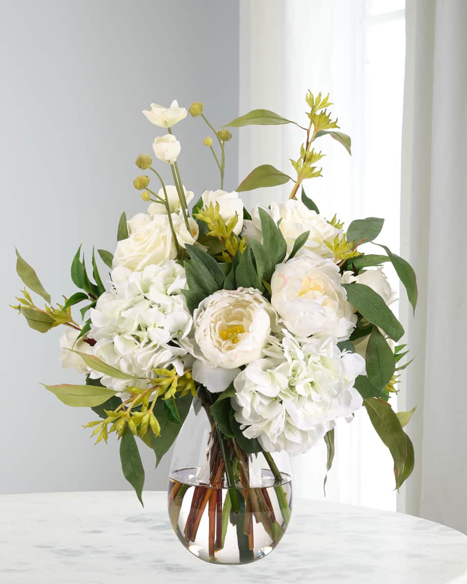 NDI White Hydrangeas & Roses 24" Faux Floral Arrangement in Glass Vase ...