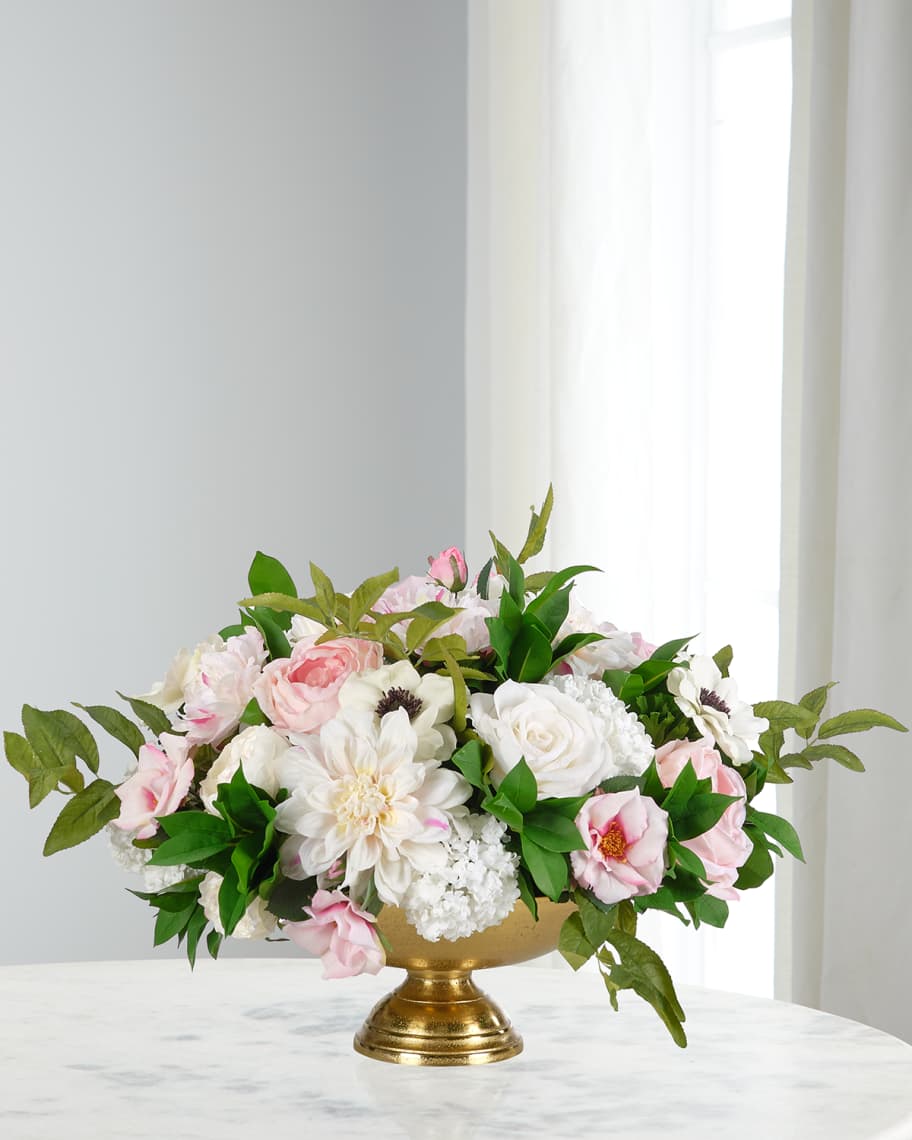 NDI Roses & Anemones 24" Faux Floral Arrangement in Footed Brass Bowl ...