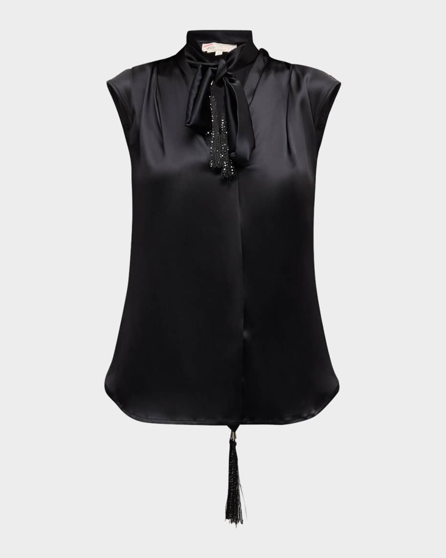 Maison Common Fringe-Back Neck-Tie Silk Top | Neiman Marcus