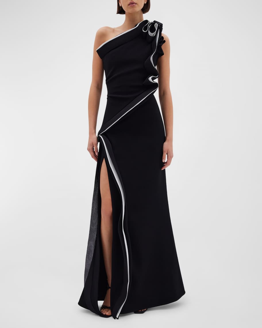 Rachel Gilbert Wilder Two-Tone Ruffle One-Shoulder Slit Gown | Neiman ...