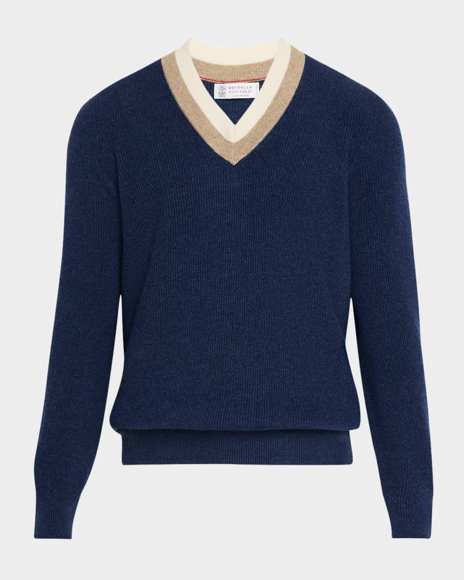 Brunello Cucinelli Men's Cashmere Double Varsity Stripe V-Neck Sweater ...