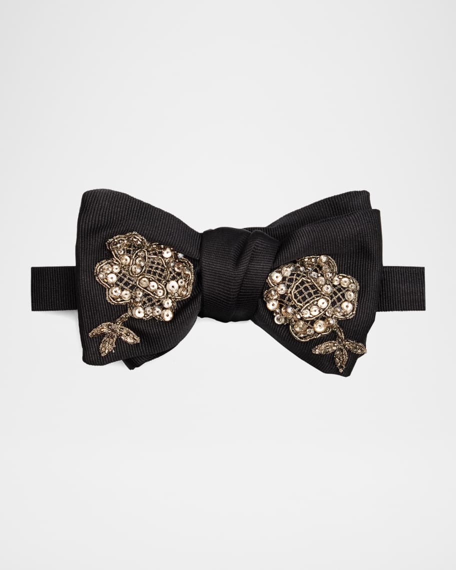McQueen Men's Silver Lace Applique Bow Tie | Neiman Marcus